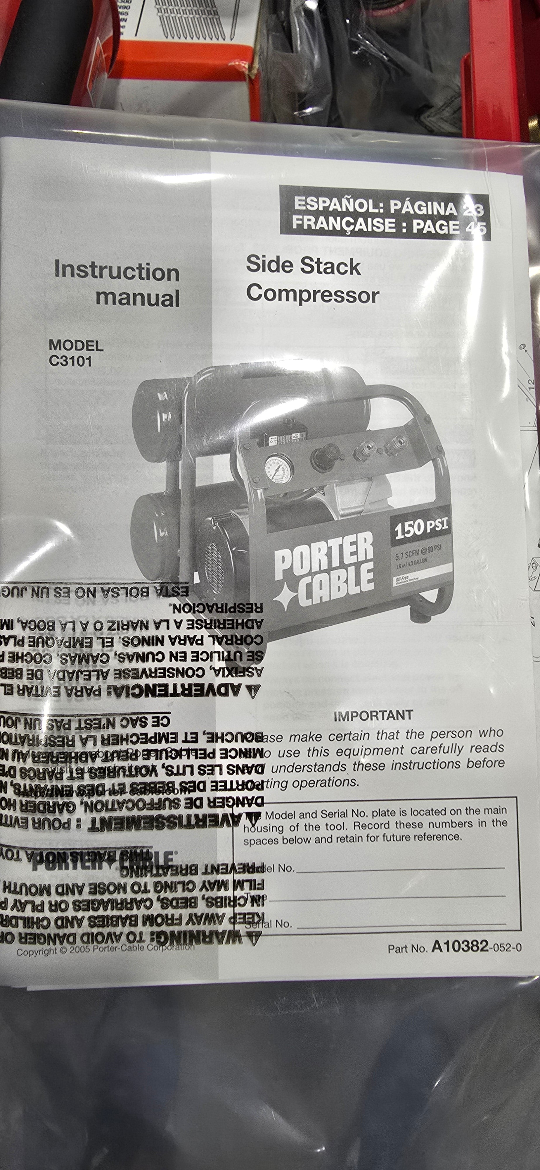 Porter-Cable Side Stack Compressor, model C3101 with hoses and 2 Naile ...