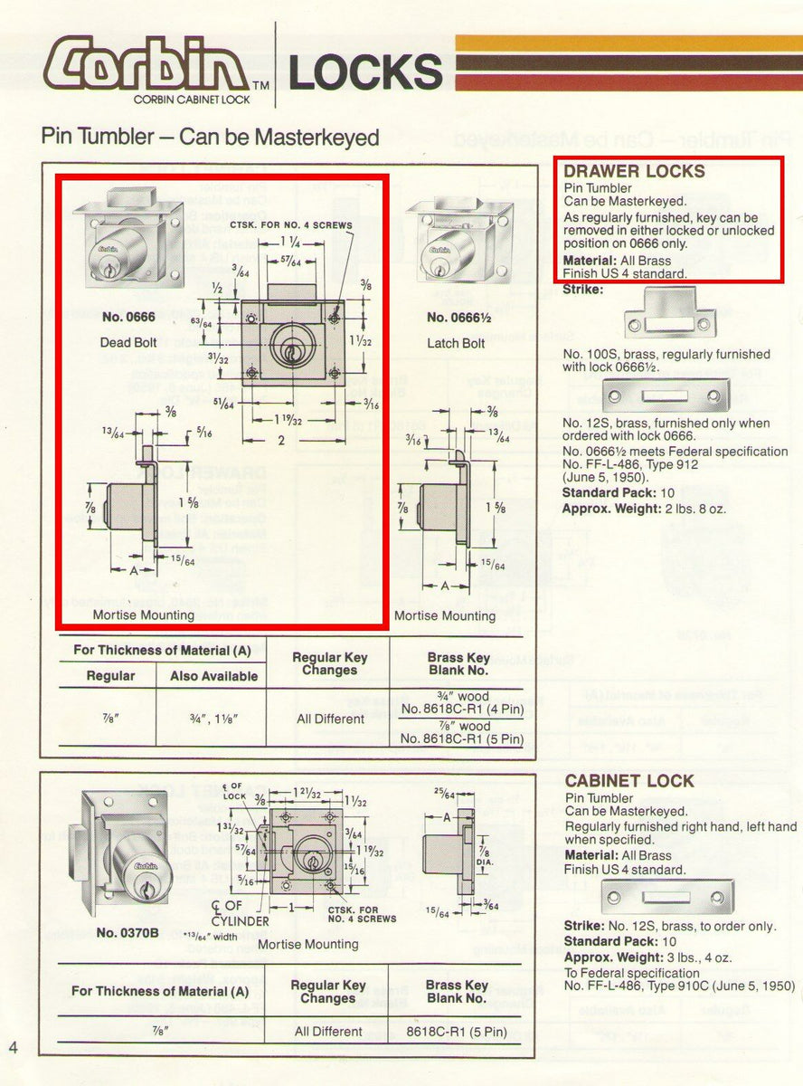 Corbin Cabinet Lock - CCL 0666 Keyed Deadbolt Drawer Lock 7/8" Thickness